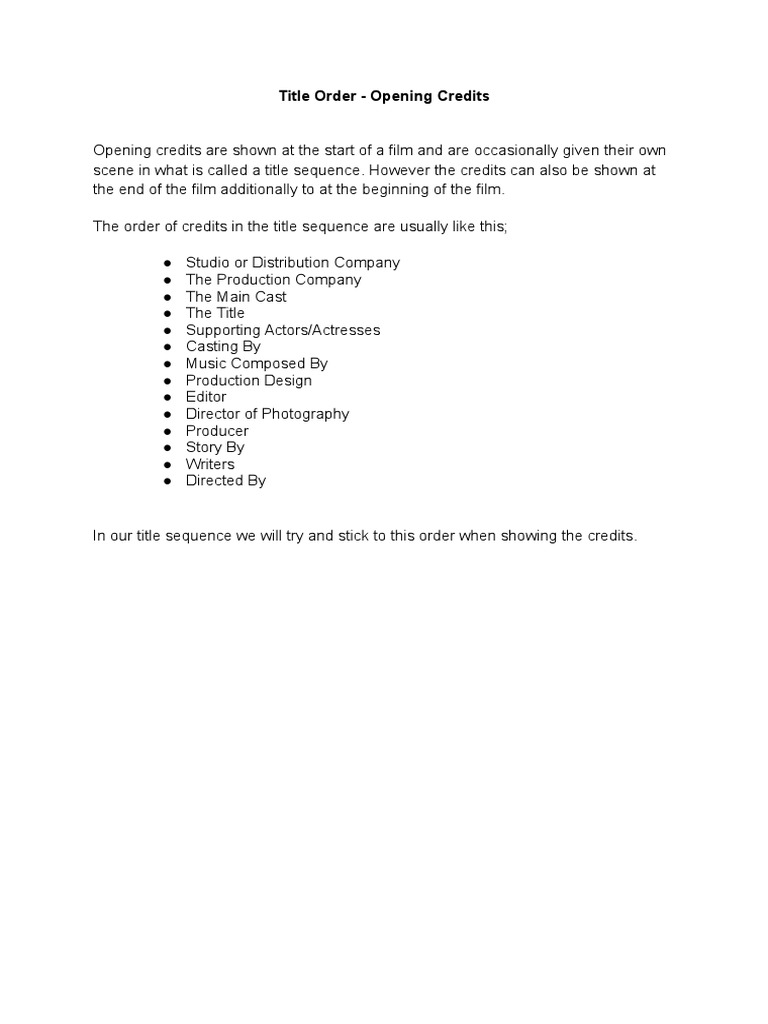 Opening Credits Order | PDF
