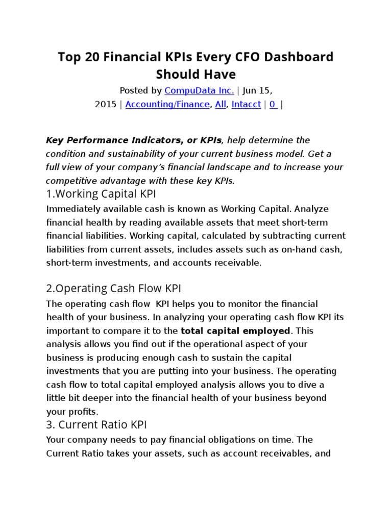 Top 20 KPIs for CFO Dashboards | PDF | Performance Indicator | Revenue
