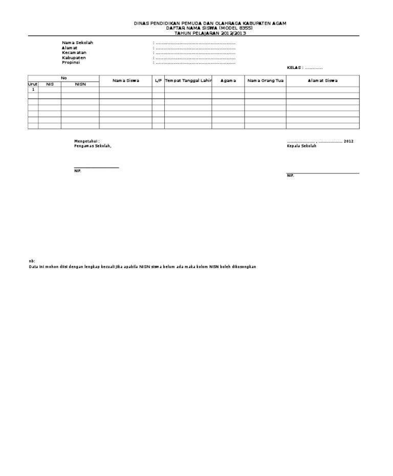 Format data siswa model 8355.xls