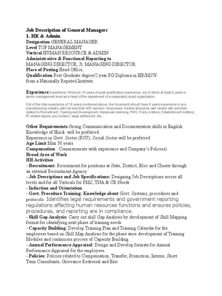 Job Description of General Managers | PDF | Human Resources | Employment