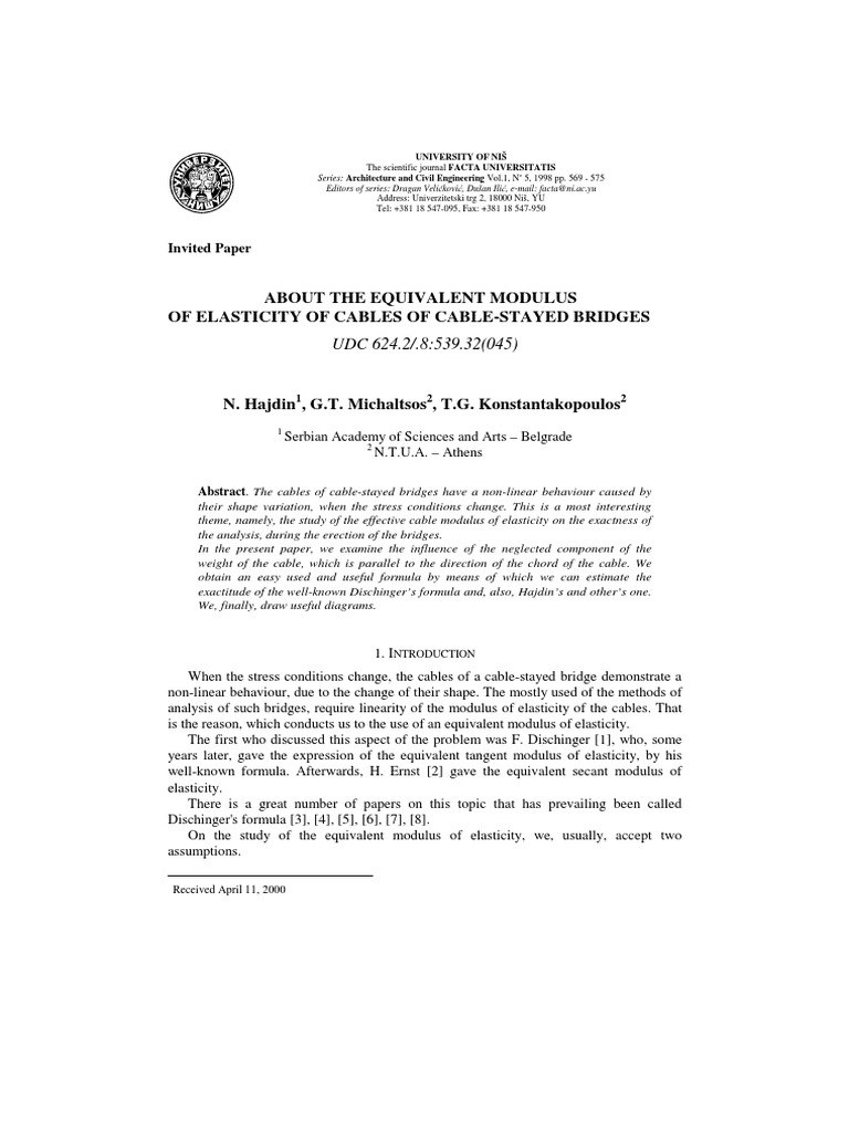 About The Equivalent Modulus of Elasticity of Cables of Cable-Stayed Bridges | PDF | Elasticity ...