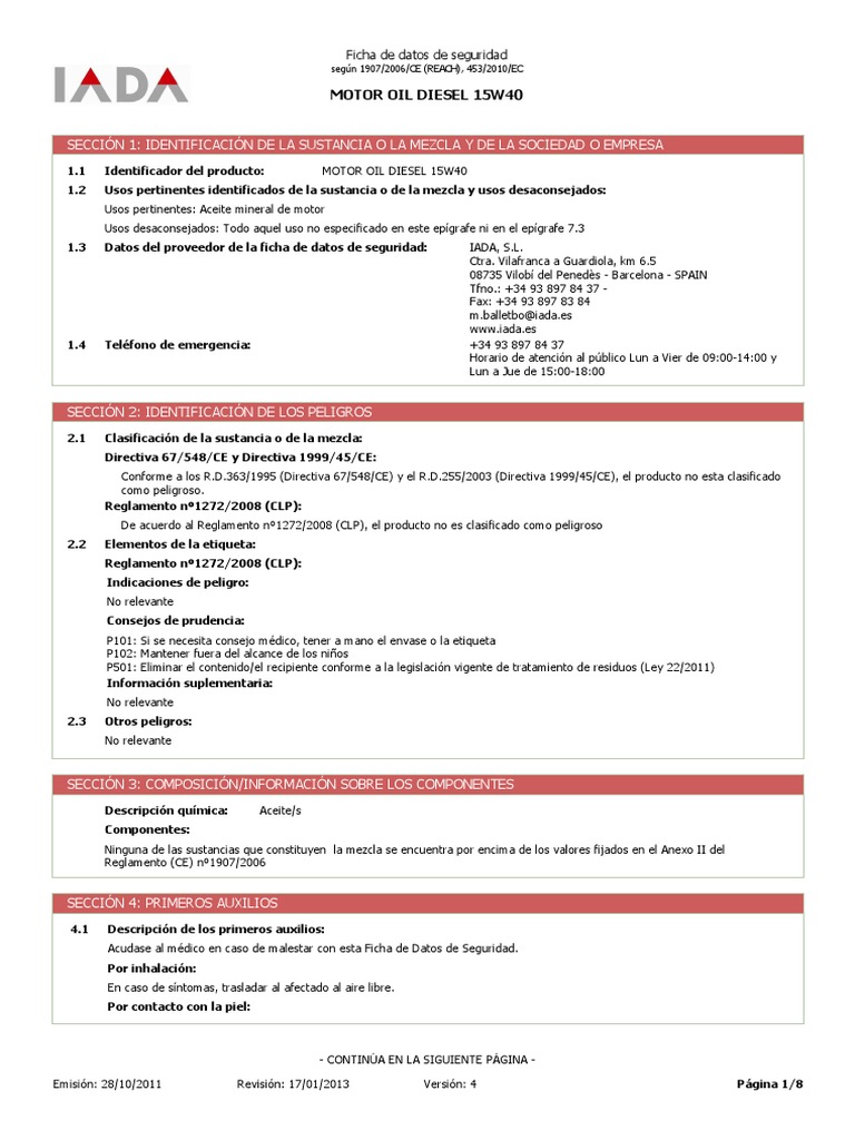 Fds_motor Oil Diesel 15w40 v4 | Toxicidad | Toxicología