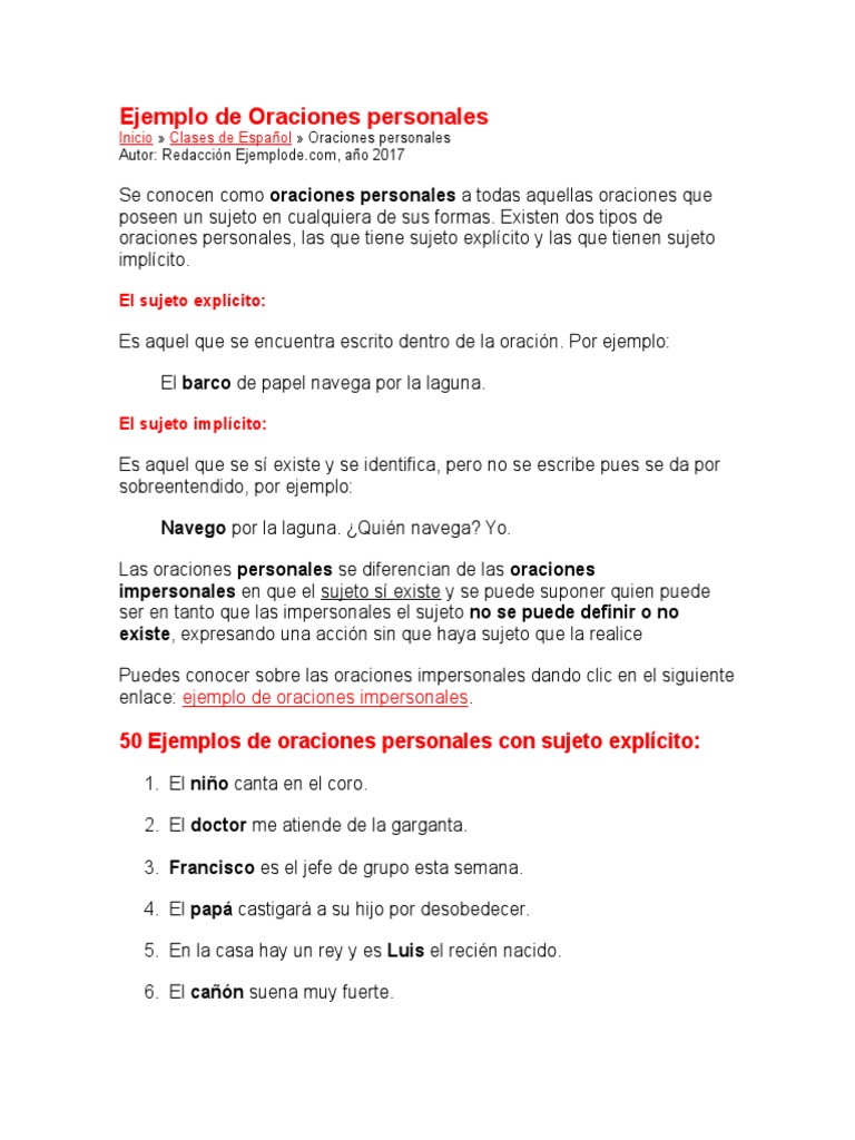 Ejemplo de Oraciones Personales | PDF | Oración (Lingüística) | Idiomas