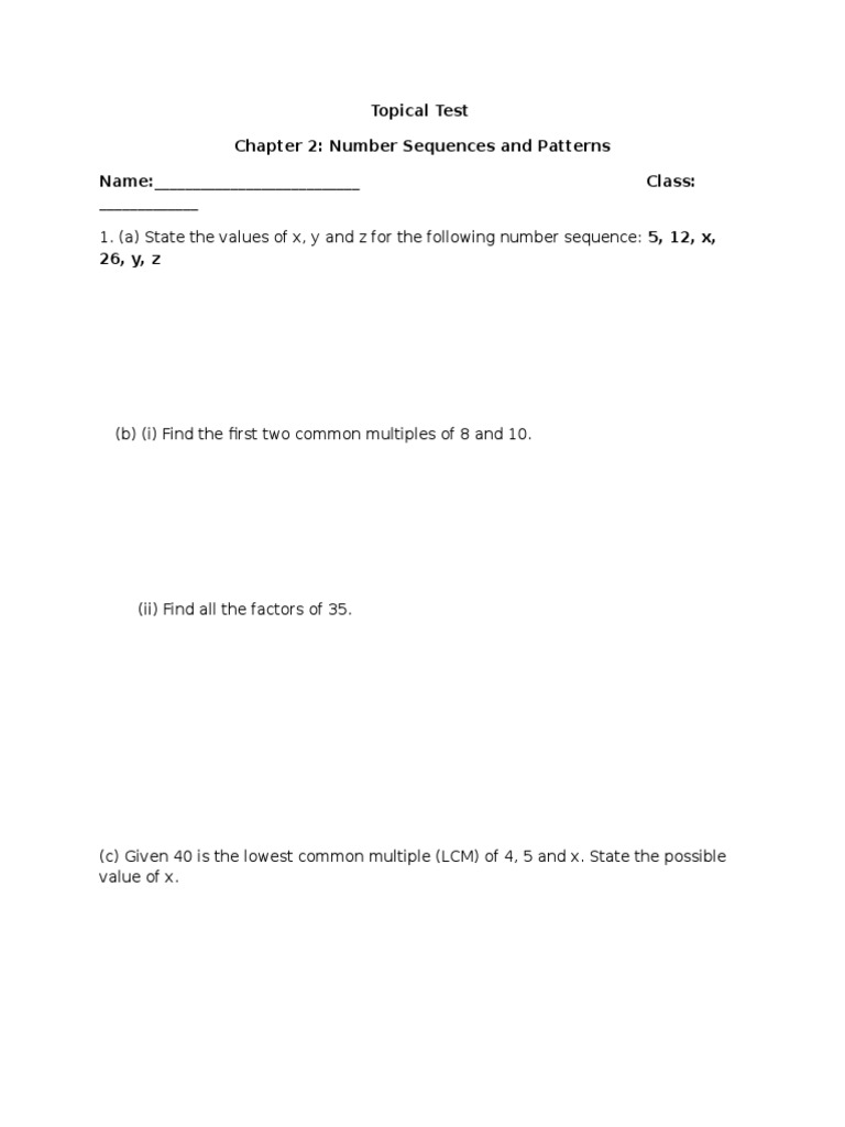 Topical Test Chapter 2: Number Sequences and Patterns Name: - Class ...