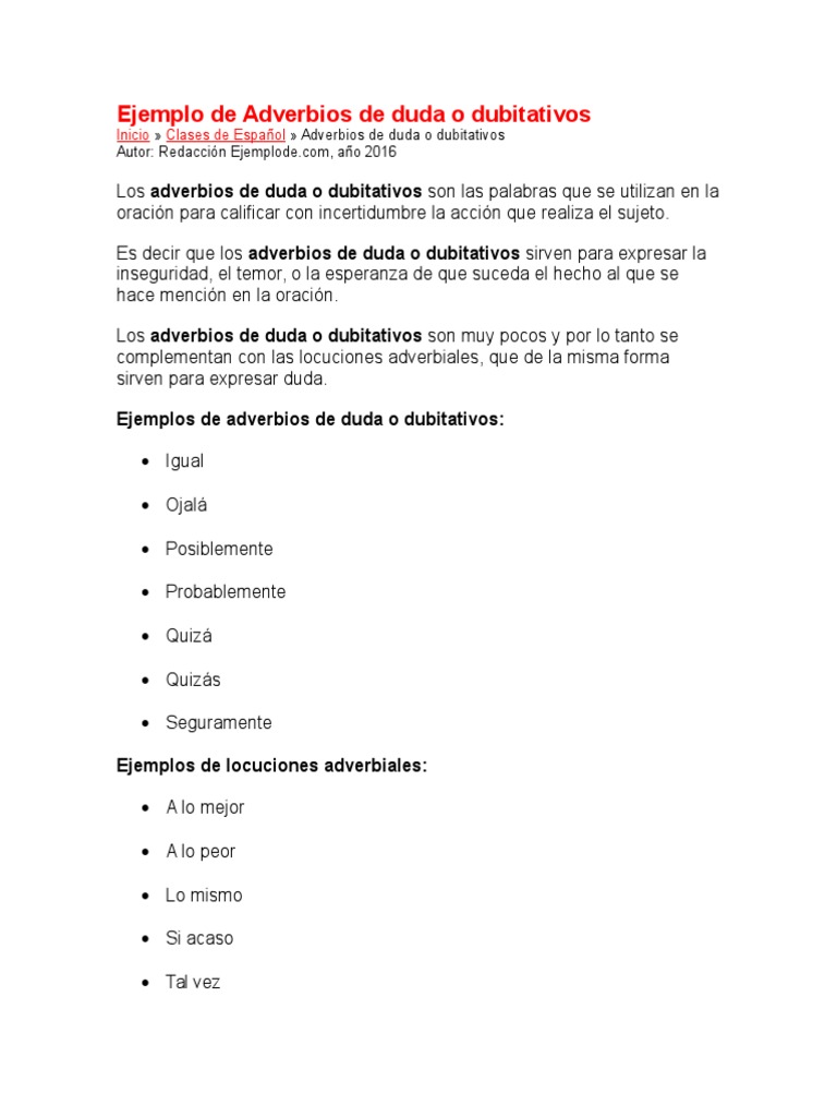 Ejemplo de Adverbios de Duda o Dubitativos | PDF