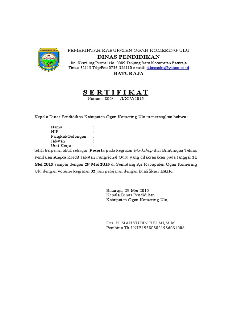 Contoh Sertifikat Workshop | PDF