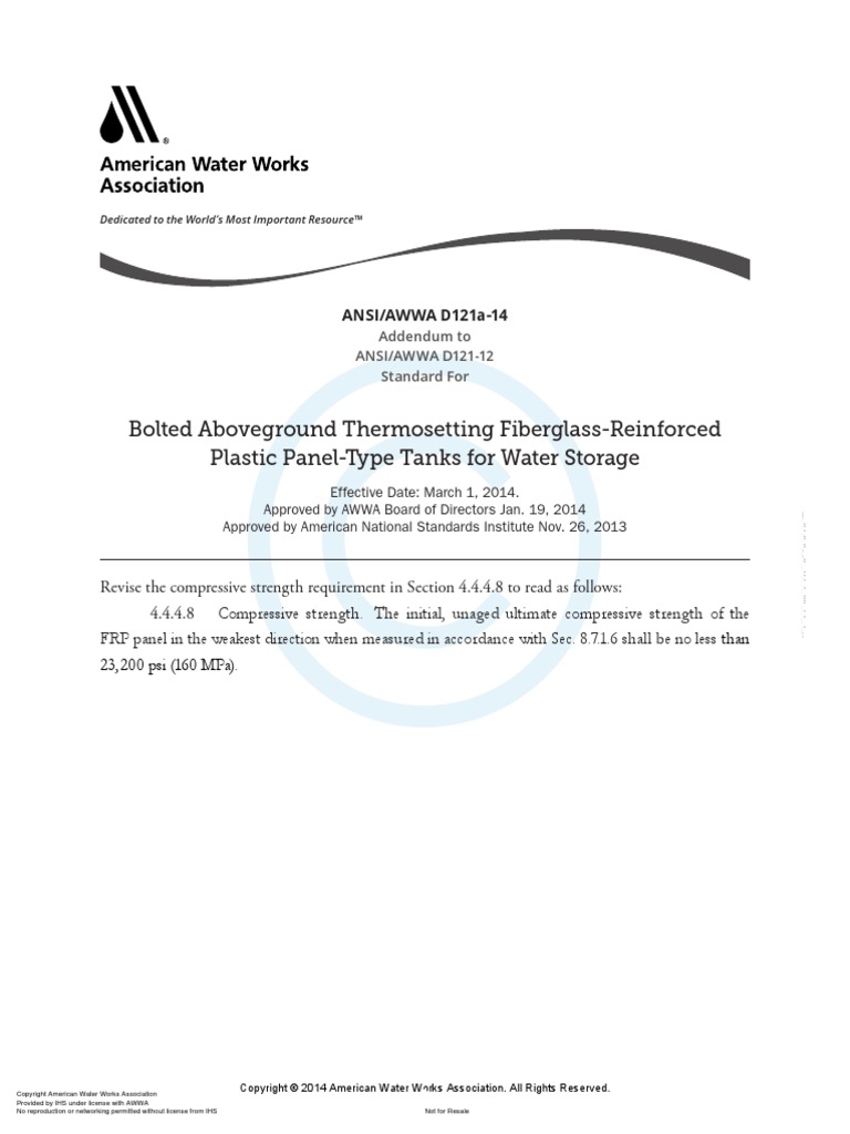 AWWA-AWWA D121-2014 GRP Bolted Water Storage Tanks | PDF | Fiberglass ...
