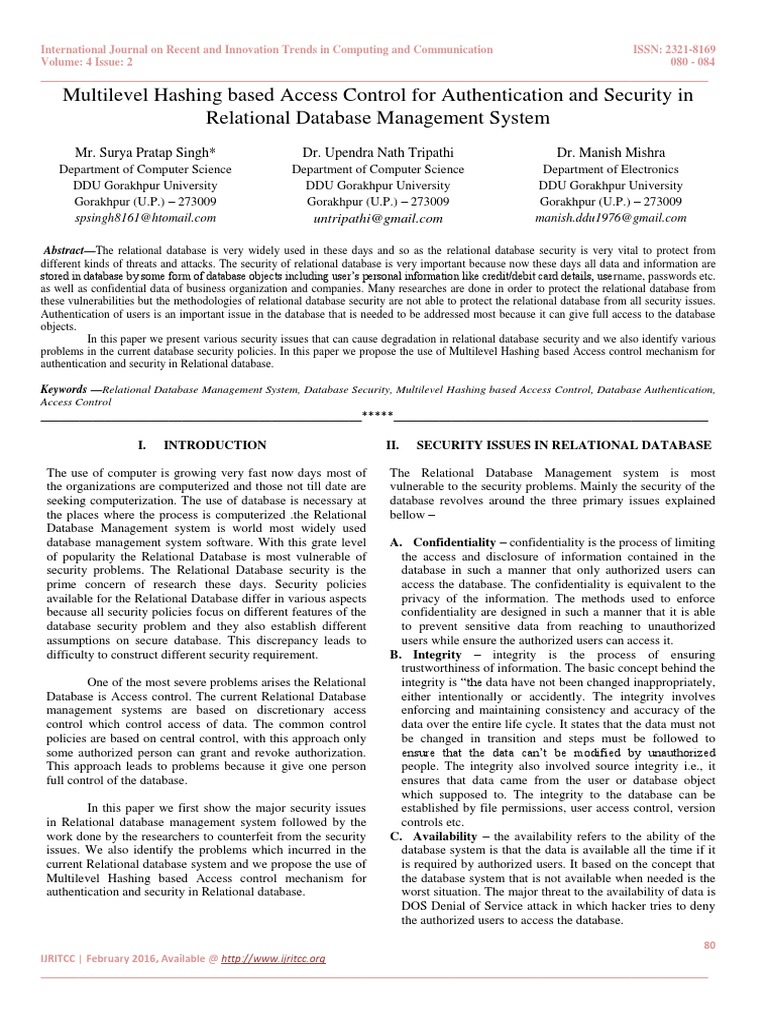 Multilevel Hashing Based Access Control For Authentication and Security in Relational Database ...