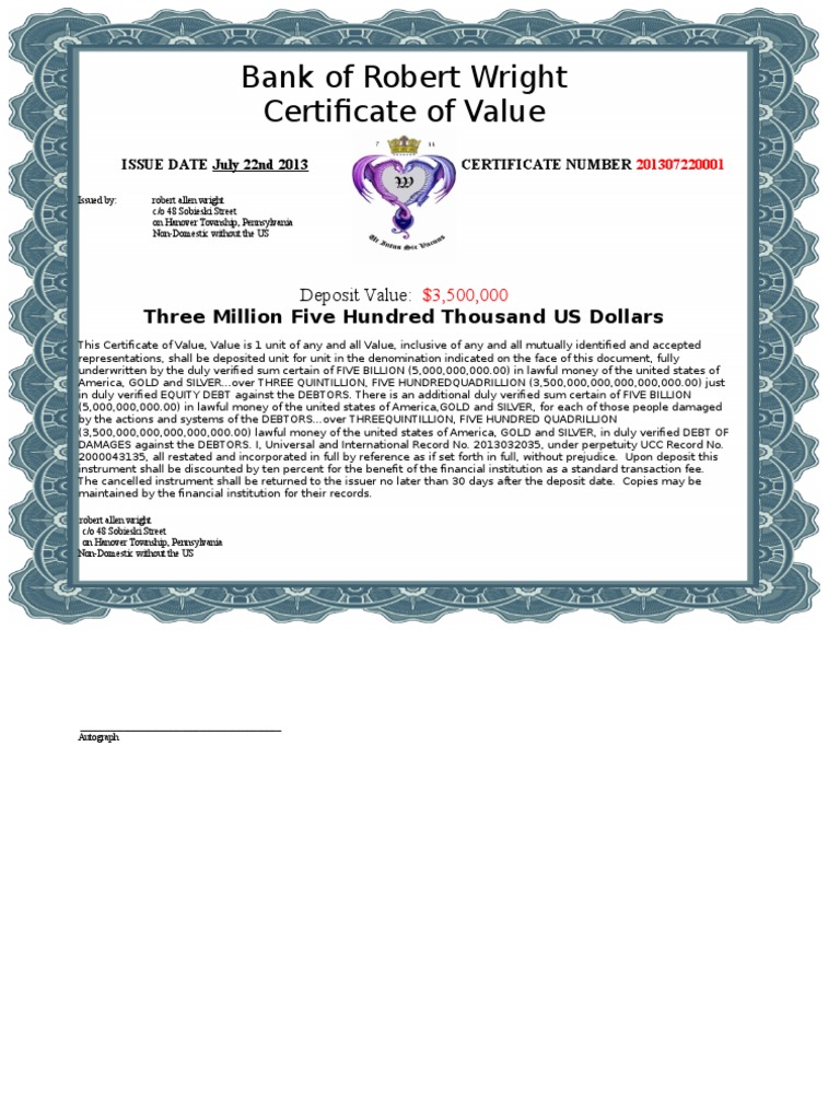 Certificate of Value Bob Wright | PDF