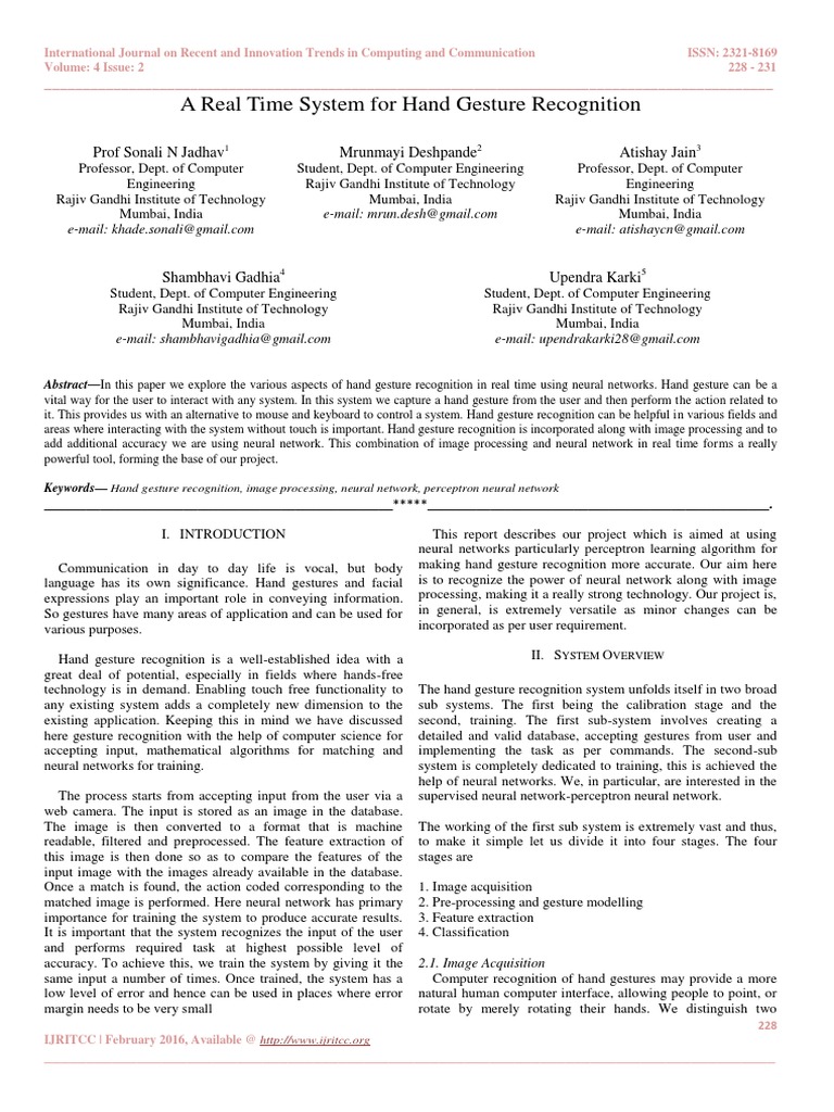 A Real Time System For Hand Gesture Recognition | PDF | Image ...