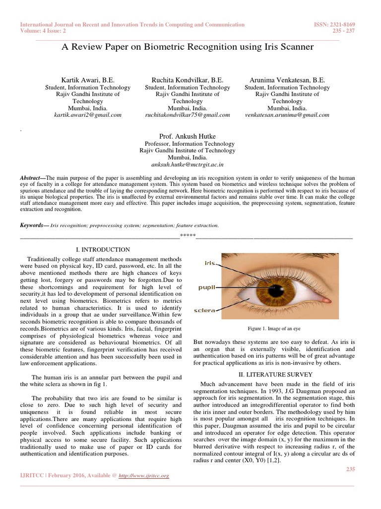 A Review Paper On Biometric Recognition Using Iris Scanner | PDF ...