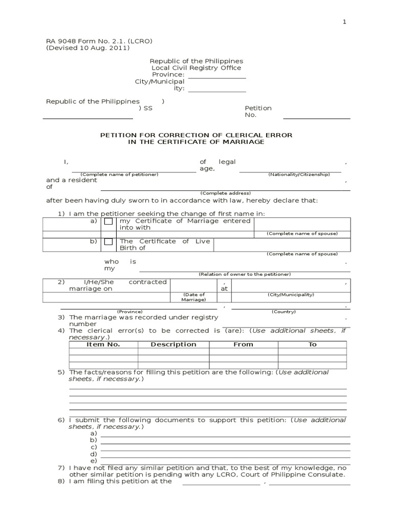 RA 9048 Form No-Clerical Error in Marriage Cert | PDF