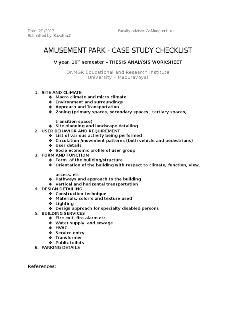 Amusement Park Case Study Checklist | PDF | Swimming Pool | Nature