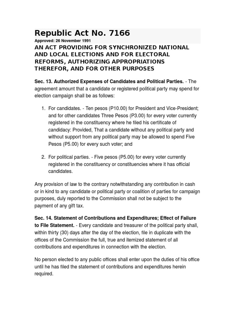 Ra 7166 | PDF | Political Parties | Fine (Penalty)