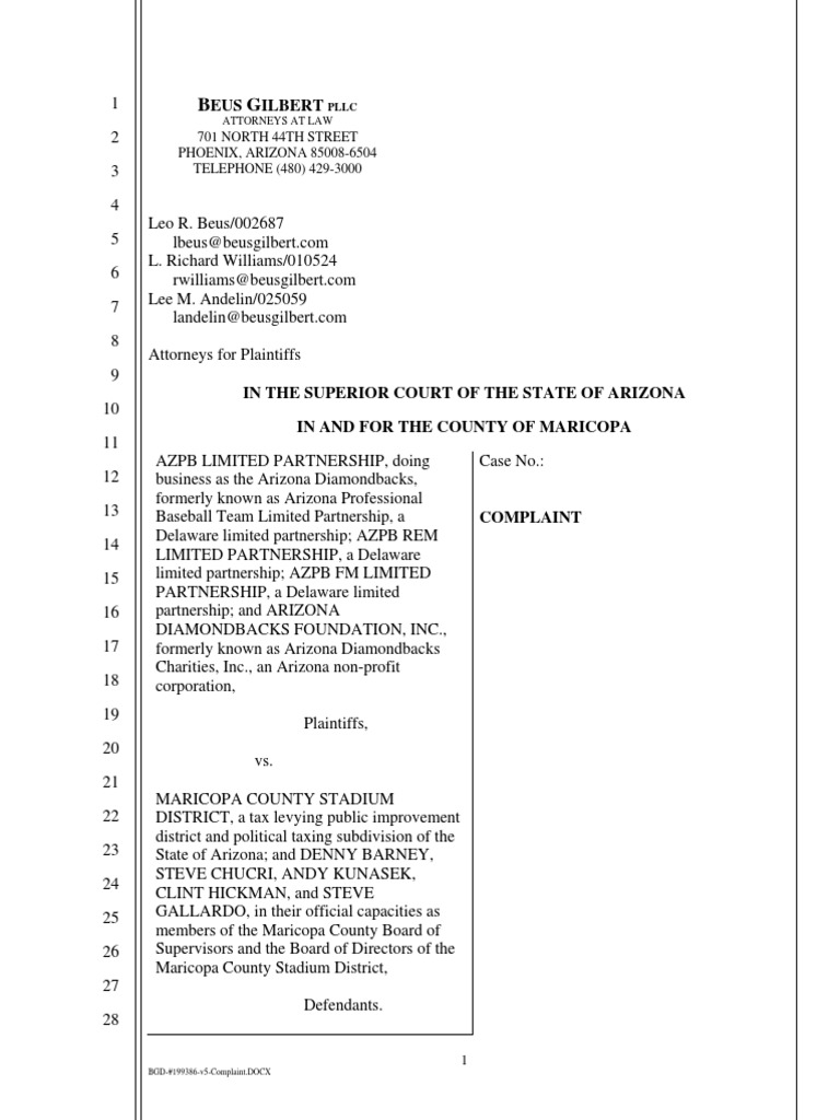 Diamondbacks' Complaint vs. Maricopa County | Taxes | Lawsuit