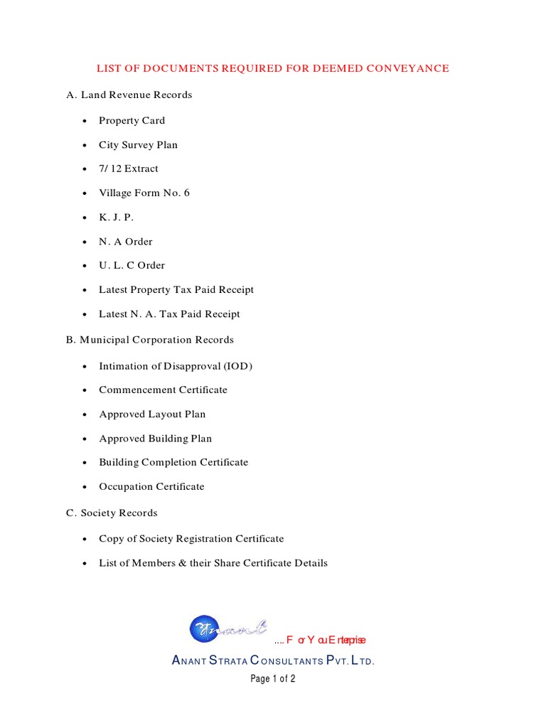 A. Land Revenue Records: List of Documents Required For Deemed Conveyance | PDF