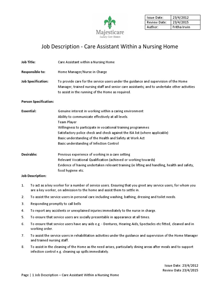 Job Description - Care Assistant Within A Nursing Home: Job Title ...