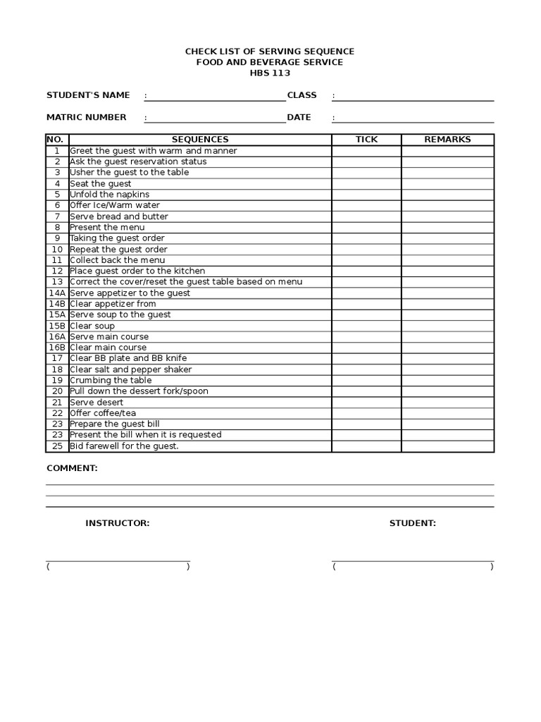 Food and Beverage Service Sequence Checklist | PDF