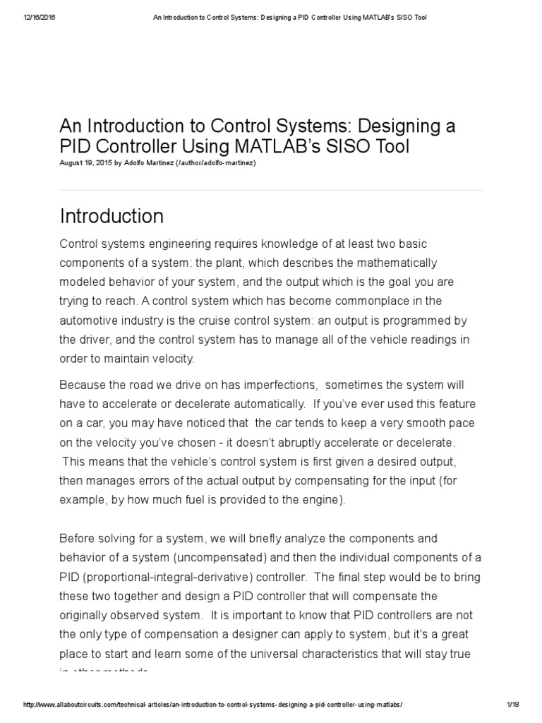 An Introduction To Control Systems - Designing A PID Controller Using MATLAB's SISO Tool | PDF ...