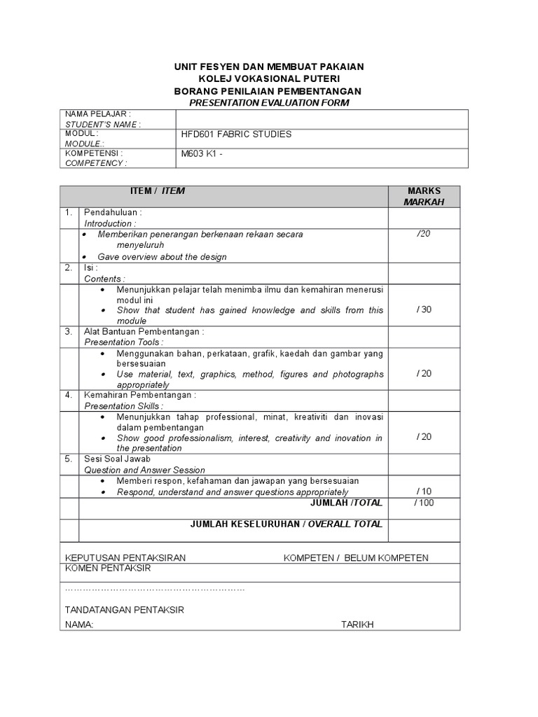 Borang Pemarkahan Pembentangan K1 | PDF