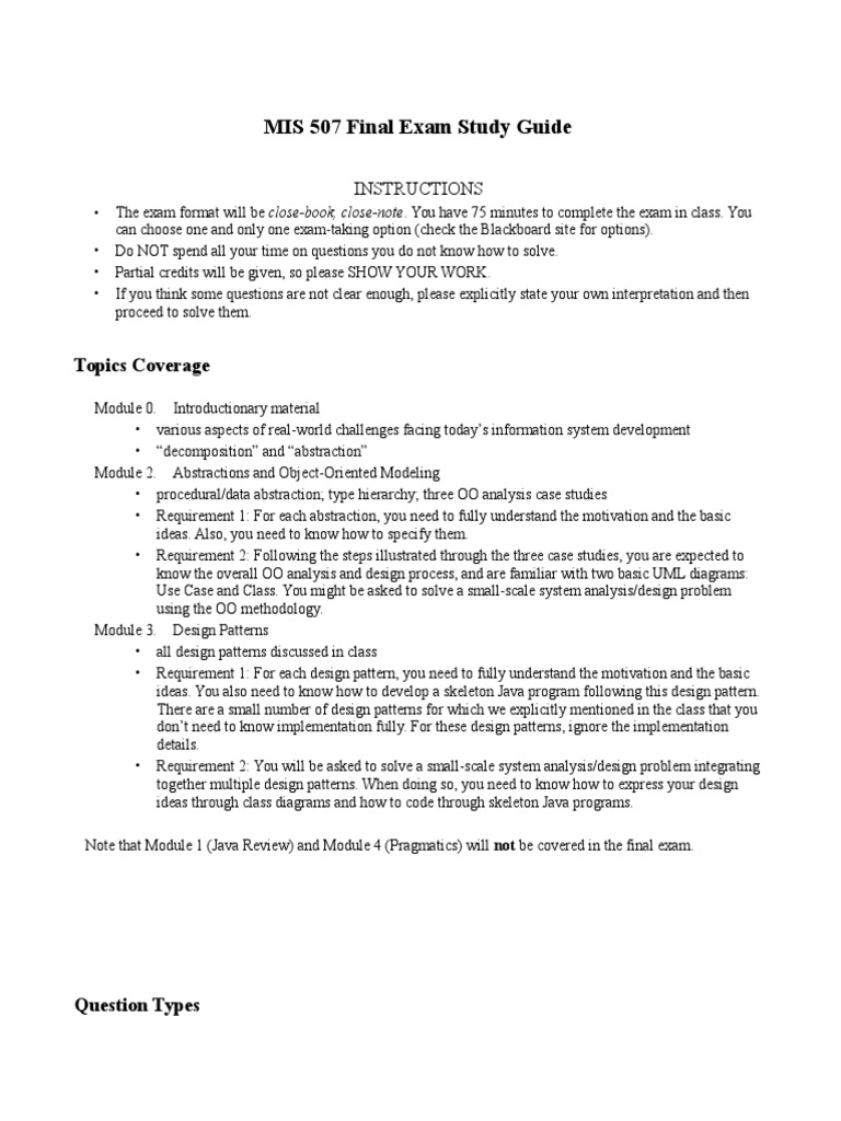 MIS 507 Final Exam Study Guide: Topics Coverage | PDF | Career & Growth ...