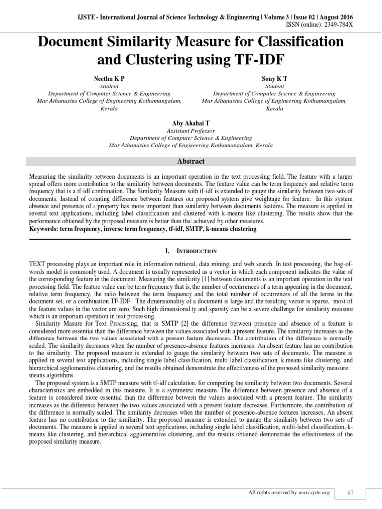 Document Similarity Measure For Classification and Clustering Using TF ...