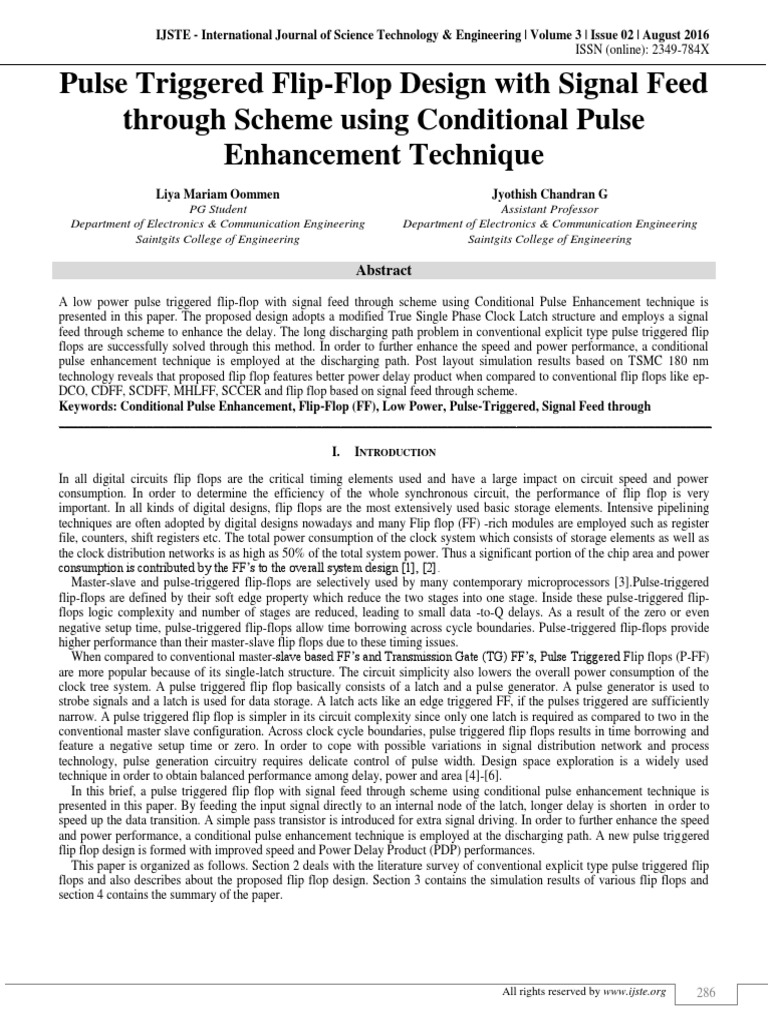 Pulse Triggered Flip Flop Design With Signal Feed Through Scheme Using Conditional Pulse ...