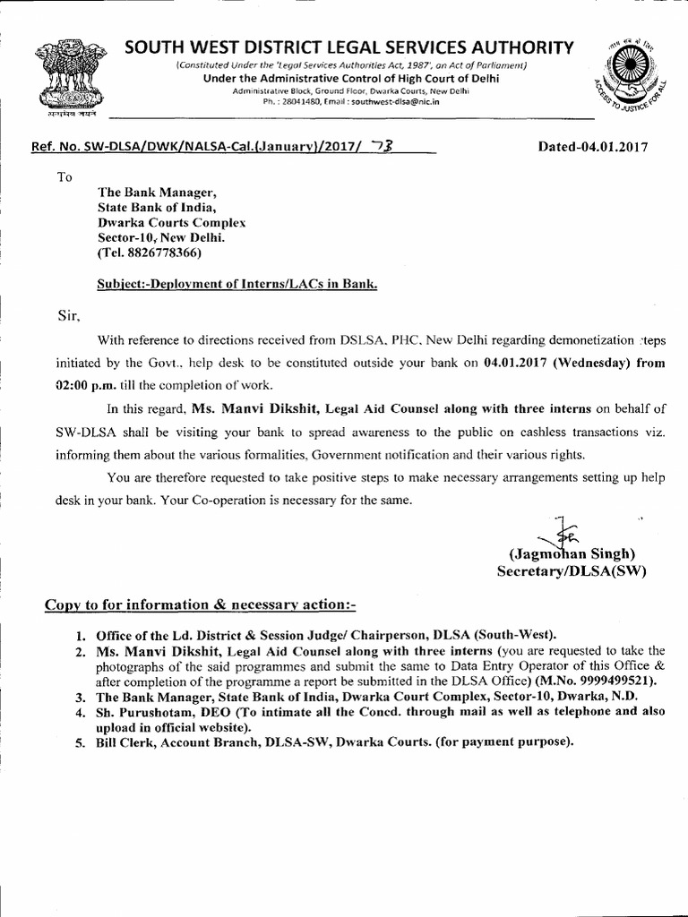 Deployment of Ms. Manvi Dikshit Sharma, LAC With Three Intern in State ...