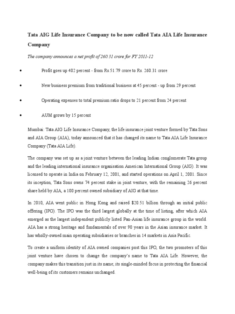 Tata AIG Life Insurance Company To Be Now Called Tata AIA Life ...