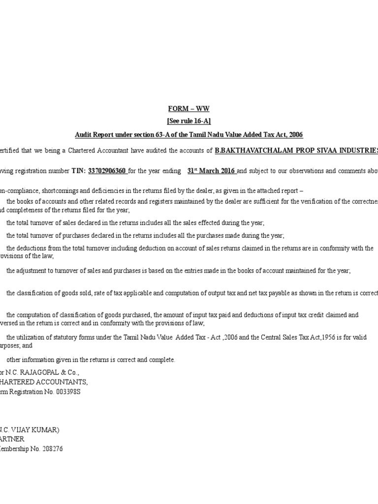 Tnvat Form WW Fy 15-16 | Download Free PDF | Value Added Tax | Tax Credit