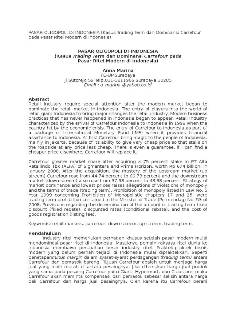 Pasar Oligopoli Di Indonesia Kasus Careefour Pdf