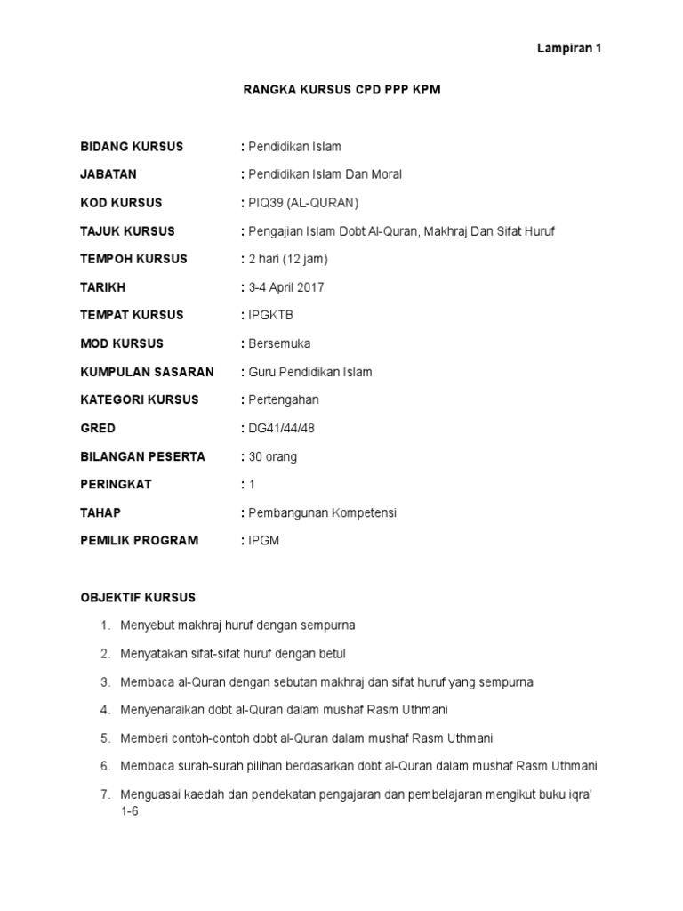 Contoh Rangka Kursus CPD PPP Kpm2017 | PDF