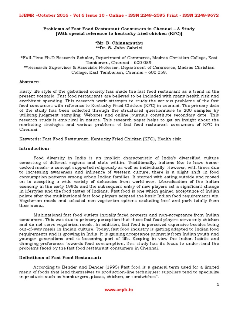 Fast Food Consumer Issues in Chennai KFC | PDF | Fast Food Restaurants ...