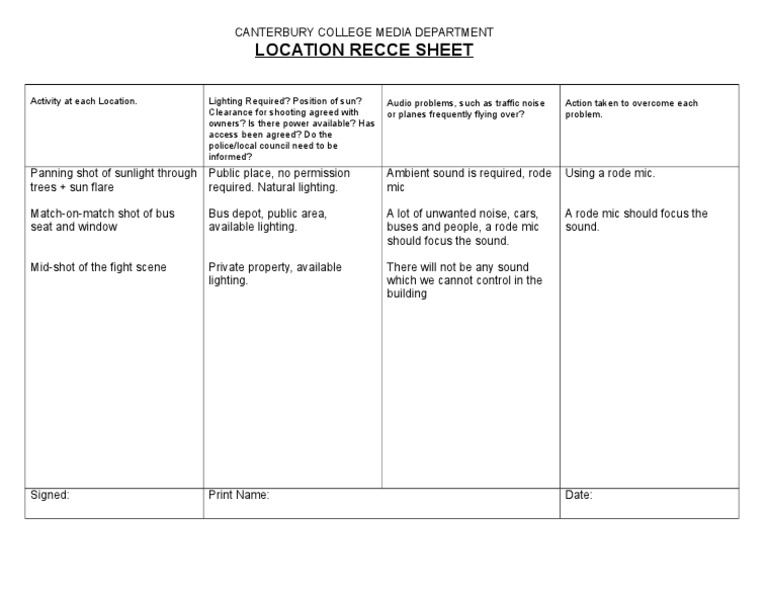 Location Recce Sheet | PDF