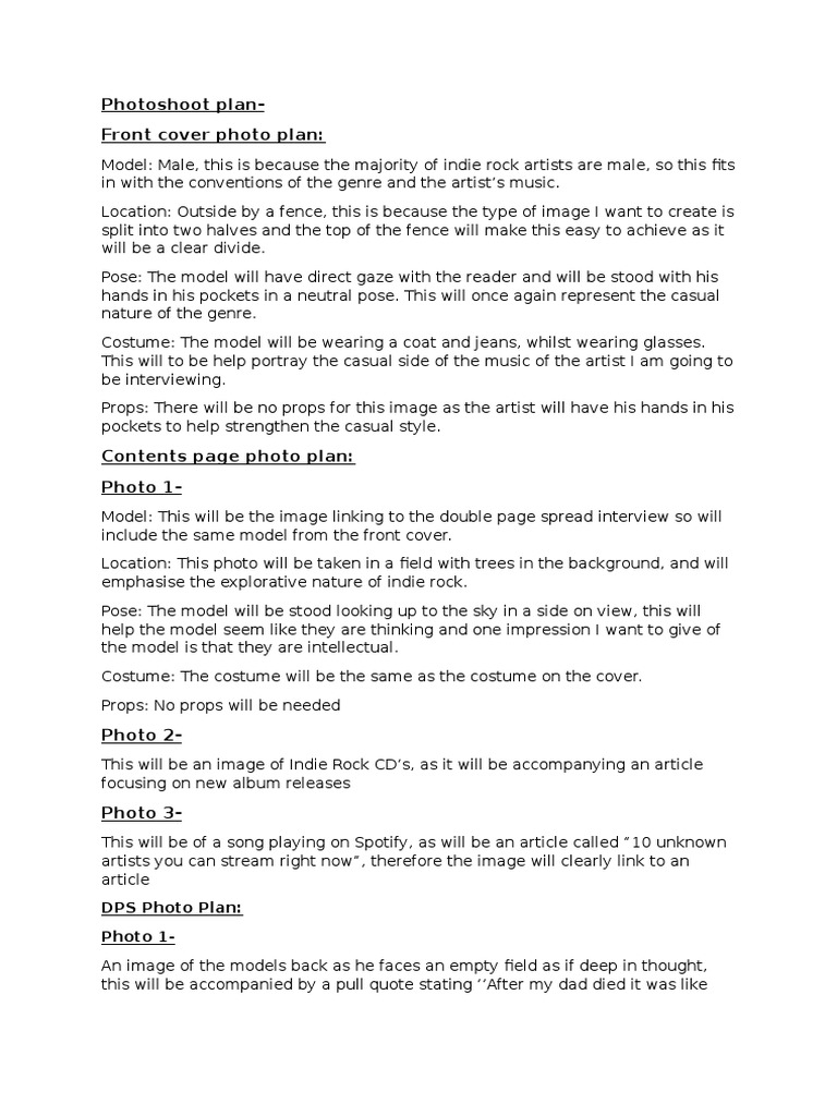 Photoshoot Plan-Front Cover Photo Plan | PDF