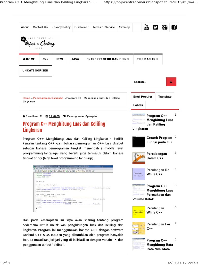 Program C++ Menghitung Luas Dan Keliling Lingkaran - Mixs of Coding | PDF