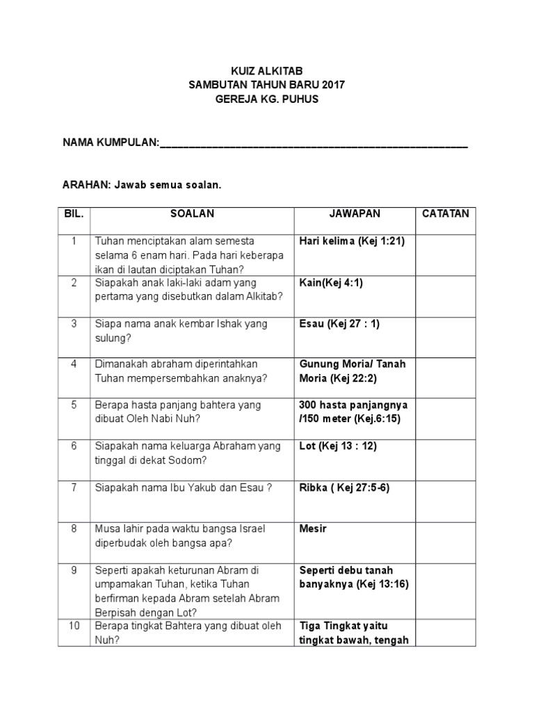 Soalan Kuiz Alkitab 2017 Pdf