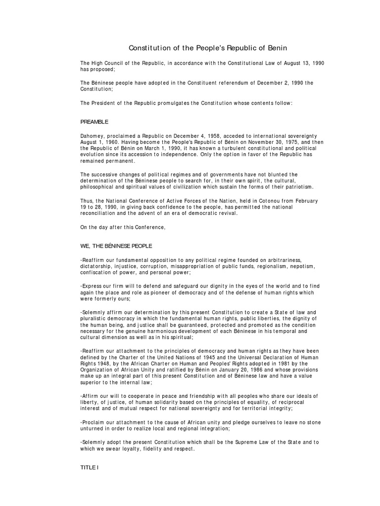 Benin Constitution | PDF | State Of Emergency | Decree