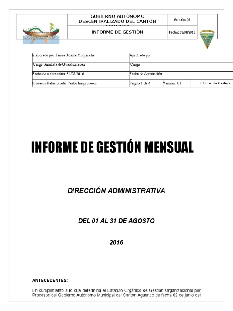 Informe de Gestión Mensual | PDF | Alcalde | Instituciones sociales