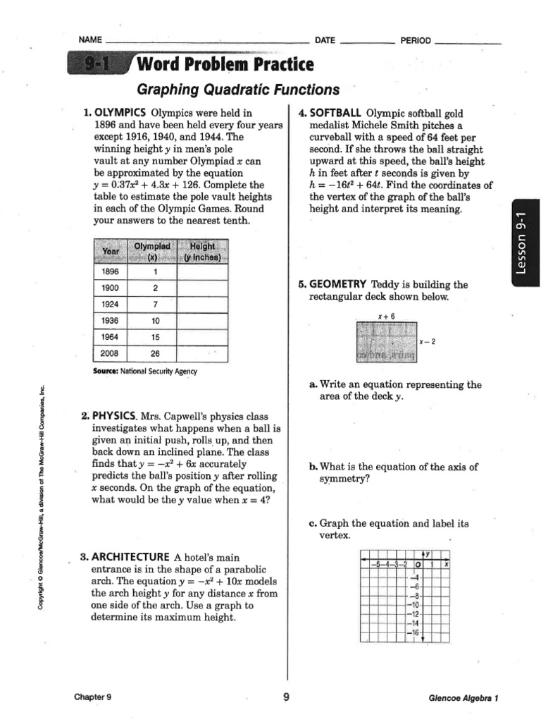 2 1 Graphing Quadratic Functions Word Problems Ws | PDF