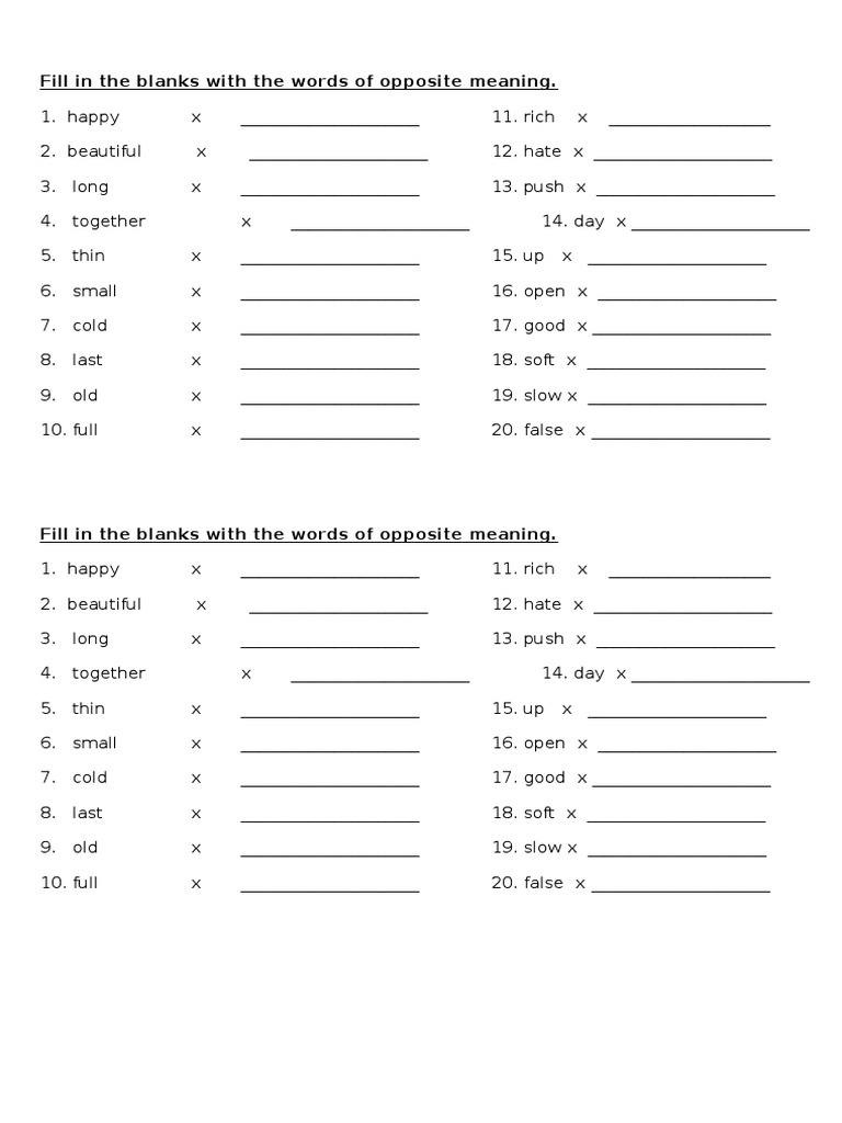 Opposite Words Fill-in-the-Blanks Exercise | PDF | Language Arts ...