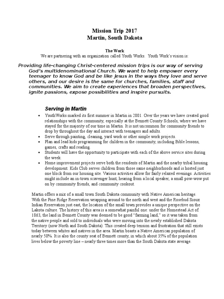 Mission Trip Reg Packet 2017 | PDF | Sioux | Churches Of Christ