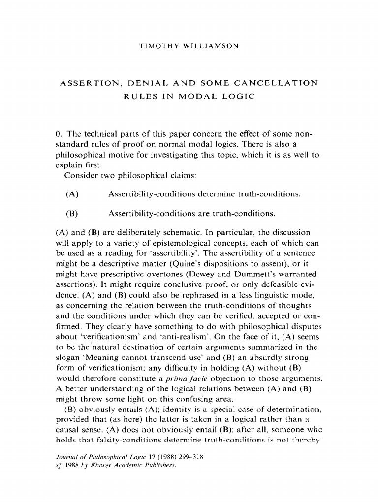 Assertion, Denial and Some Cancellation Rules in Modal Logic - T. Williamson (1988) | PDF ...