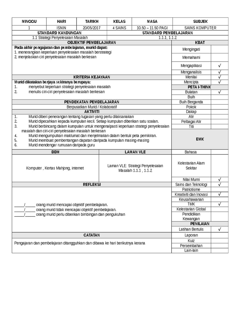 RPH Sains Komputer Tingkatan 4 M1 JAM | PDF