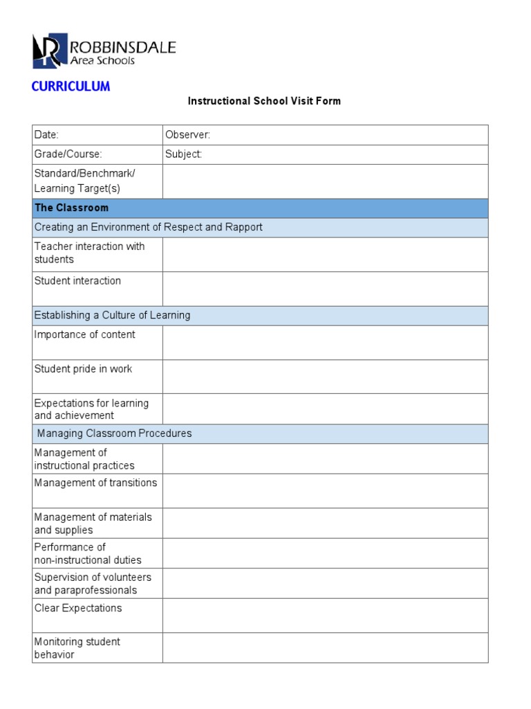 Curriculum: Instructional School Visit Form | PDF | Curriculum ...