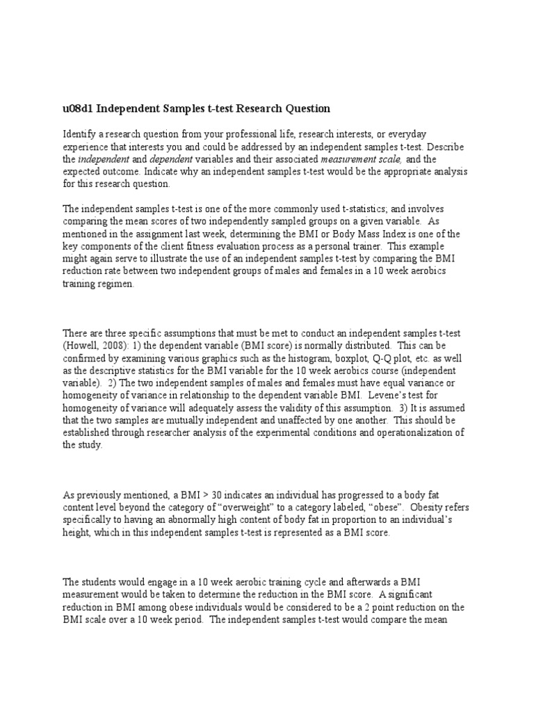 U08d1 Independent Samples T-Test Research Question | PDF | Student's T ...