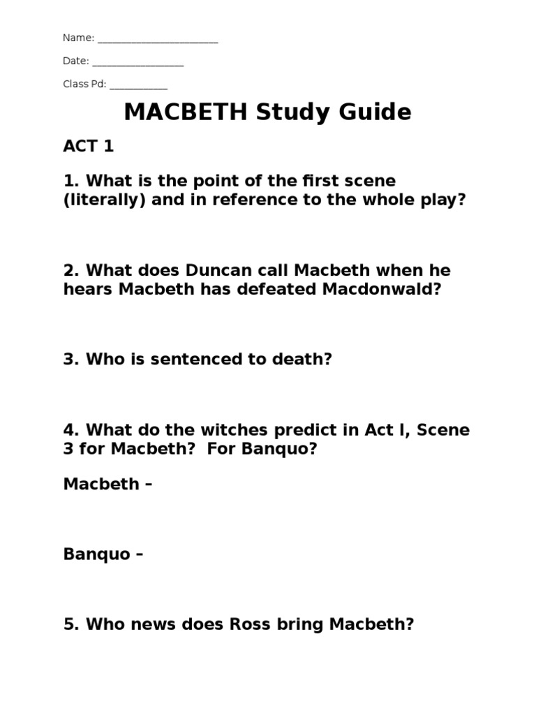 Macbeth Study Guide | PDF | Macbeth | Tragedy Plays