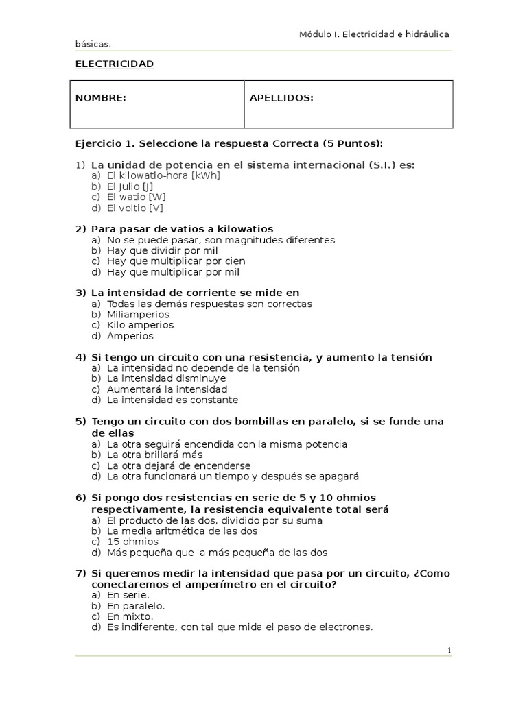 Examen Parte Electricidad | PDF | Corriente eléctrica | Resistencia Eléctrica y Conductancia