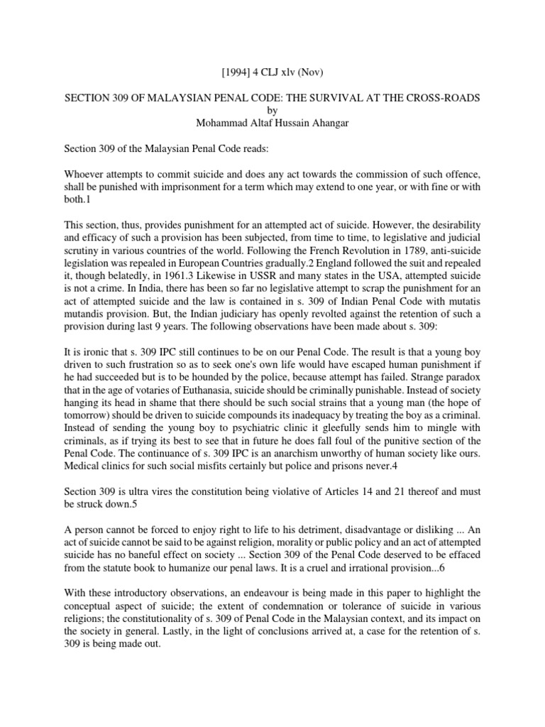 Section 309 of Malaysian Penal Code Analysis | PDF | Suicide | Crime ...