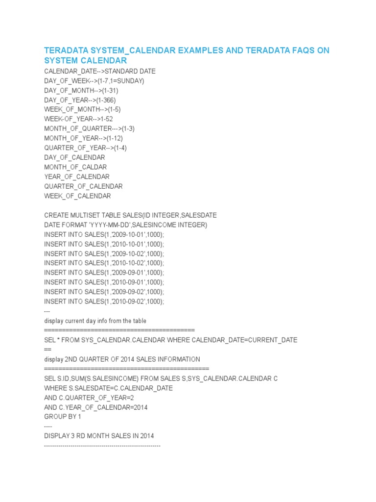 Teradata System - Calendar Examples and Teradata Faqs On System ...